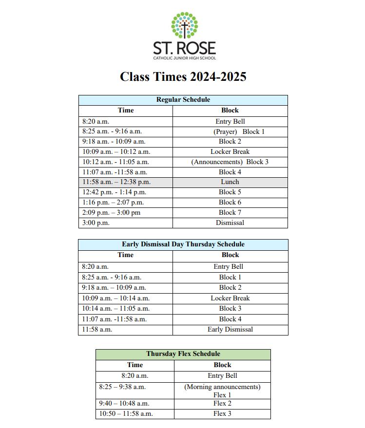 Hours 2024-2025 - St. Rose Catholic Junior High School